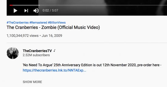 “Zombie” Music Video has hit 1 Billion 100 Million views | Cranberries ...